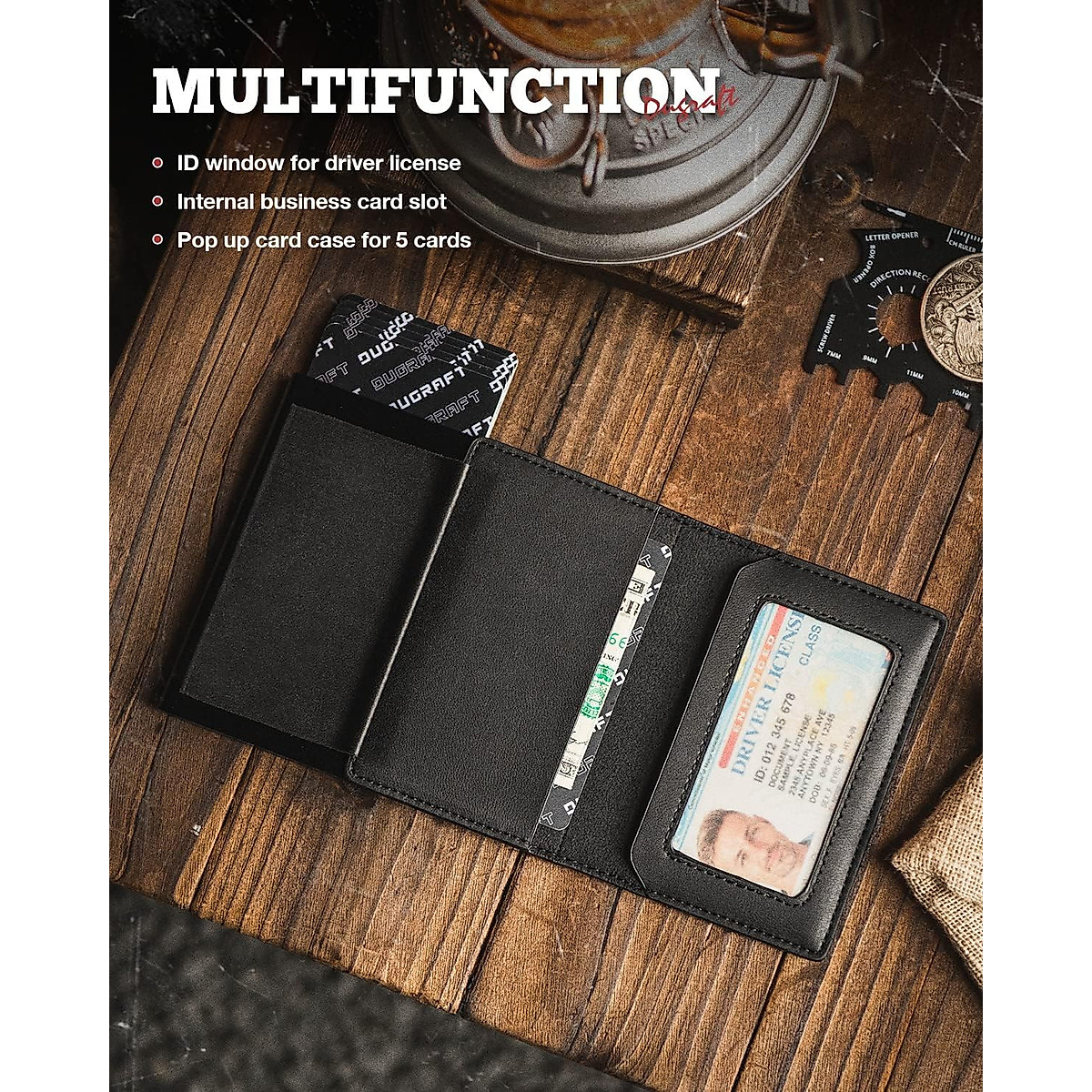 DUGRAFT Pop Up Wallet with ID Window, Minimalist Front Pocket Credit Card Holder for Men, Slim RFID Blocking Bifold Metal Card Case for 10 Cards, Cash