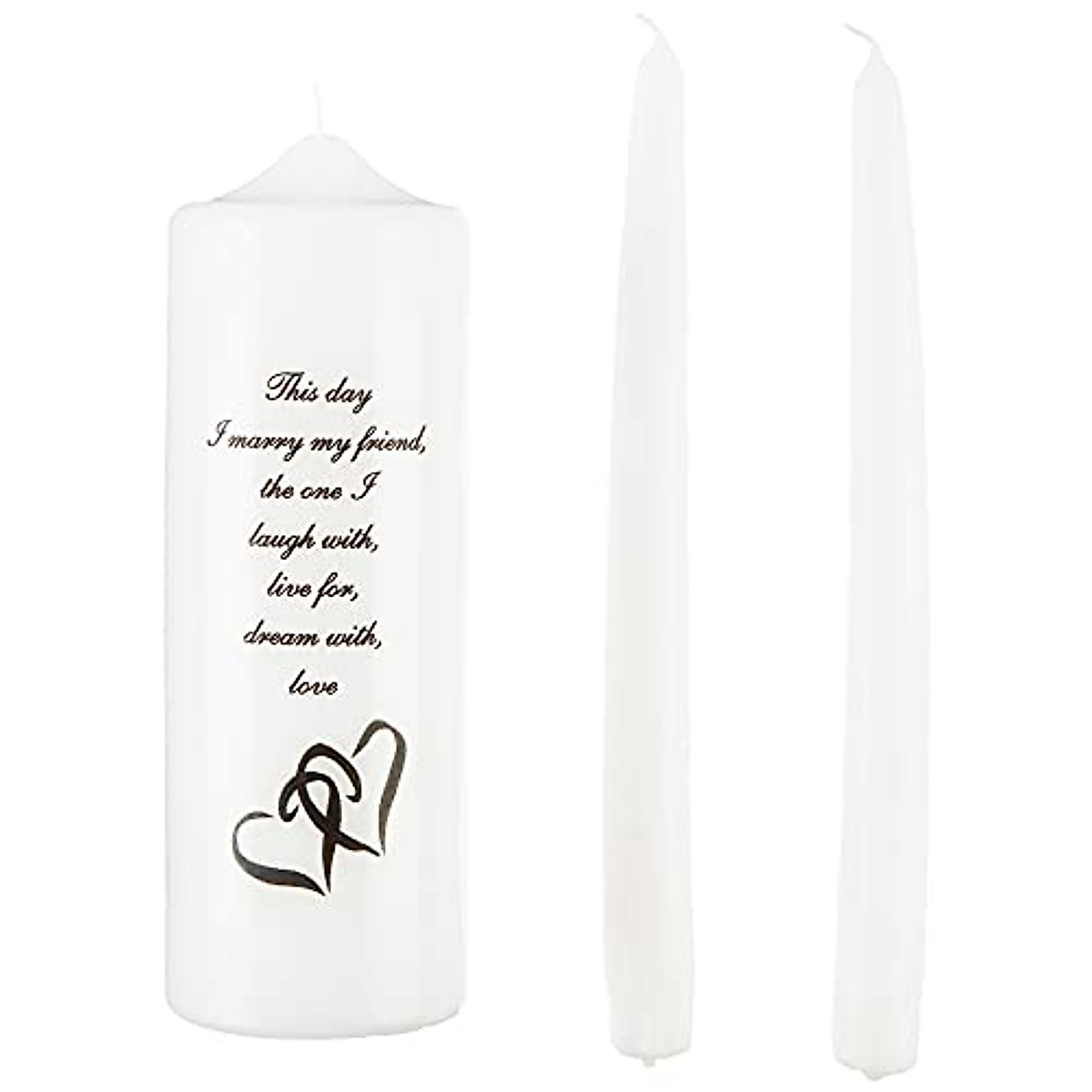 Celebration Candles Wedding Unity Candle Set, with 9-inch Pillar with Double Heart Motif and This Day I Marry My Friend Verse, with 10-inch Taper Candles, White