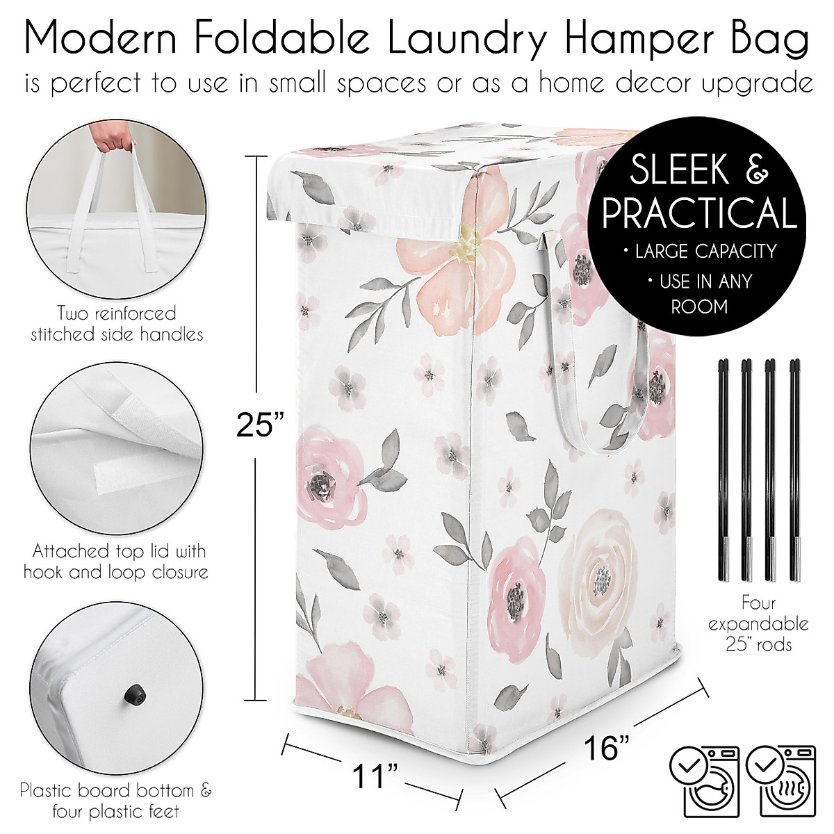 Sweet Jojo Designs Blush Pink Grey Boho Floral Girl Laundry Hamper Foldable Dirty Clothes Basket with Handles Baby Nursery Kids Bedroom Teen Bathroom Bohemian Farmhouse Shabby Chic Watercolor White