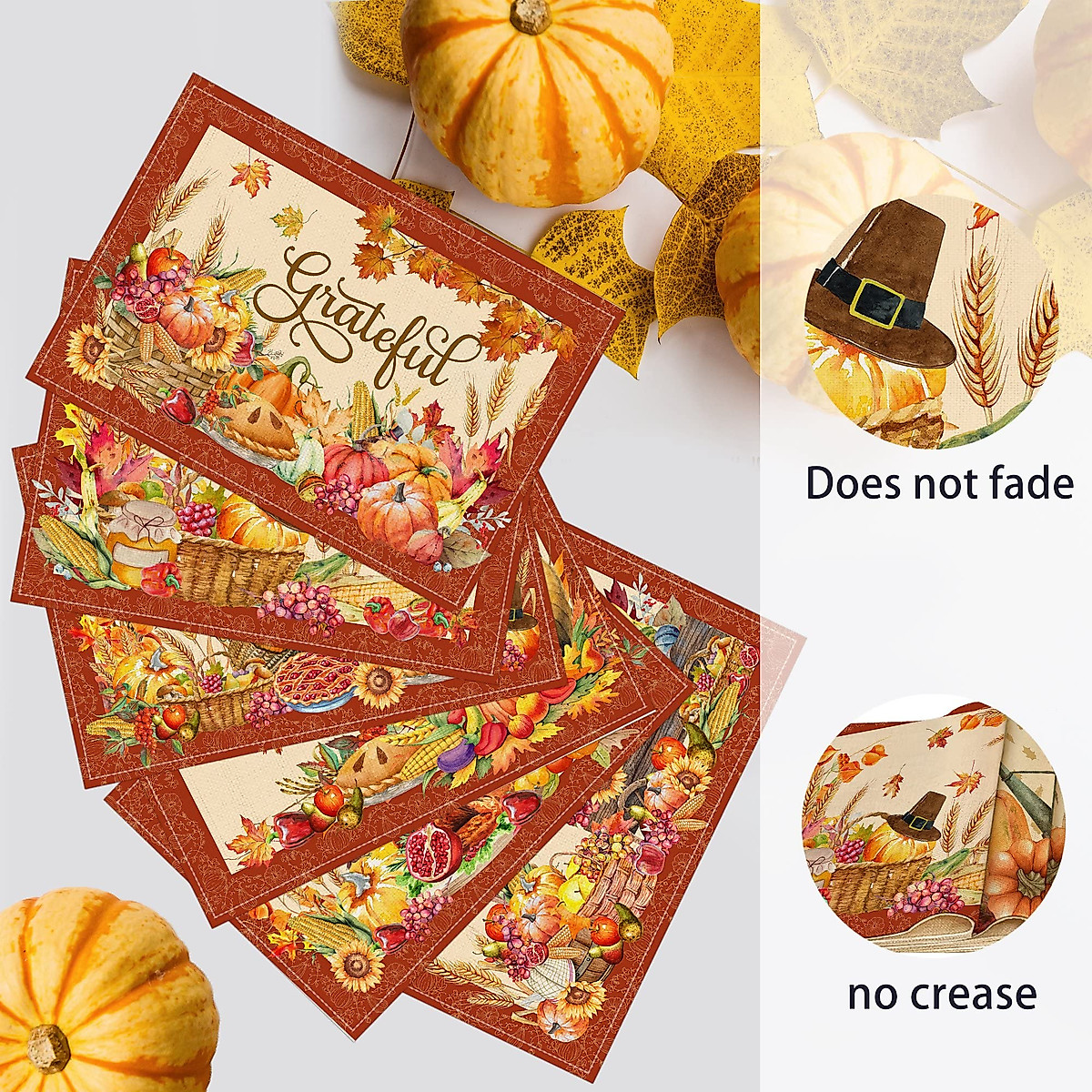 Thanksgiving Placemats Set of 6, Turkey Holiday Placemats Set of 6 12x18 Inch for Dining Table, Thanksgiving Place Mats Pumpkins Fall Leaves Orange Farmhouse Table Decor for Kitchen Dining Room Home
