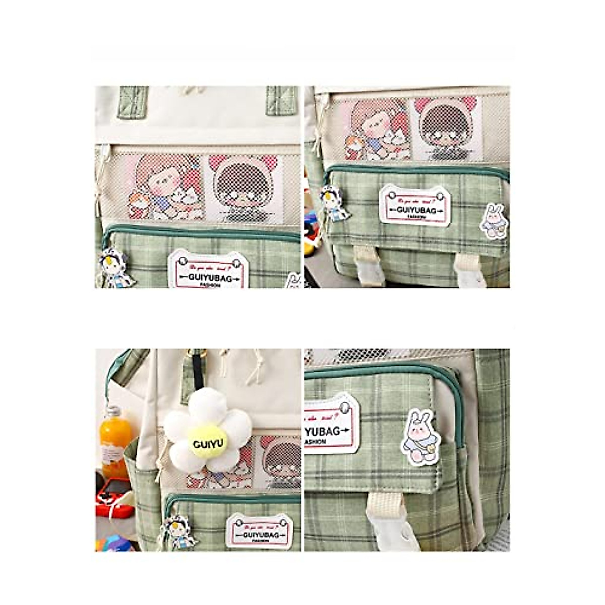 5pcs Kawaii Backpack Set For Teens Cute Backpack with Pins and Pendant Aesthetic Girls Trendy Tote Bag (Grey)