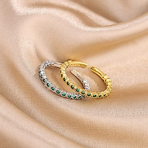 Simulated Emerald Rhinestone Open Adjustable Ring Cubic Zirconia Crystal Stacking Enternity Anniversary Wedding Statement Finger Bands Fashion Rings Jewelry for Women Girls Girlfriend Bridesmaid (Gold)