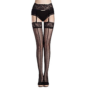 Toxz Women Sexy Lingerie Net Lace Top Garter Belt Thigh Stocking Pantyhose,Plunging Eyelash,Sheer Perspective Stocking,Lace Floral Embroidered