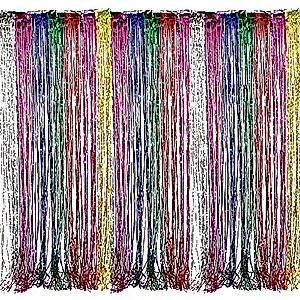 Adorox (2 pc Metallic Rainbow) Metallic Silver Gold Rainbow Photo Backdrop Foil Fringe Curtains Party Wedding Event Decoration