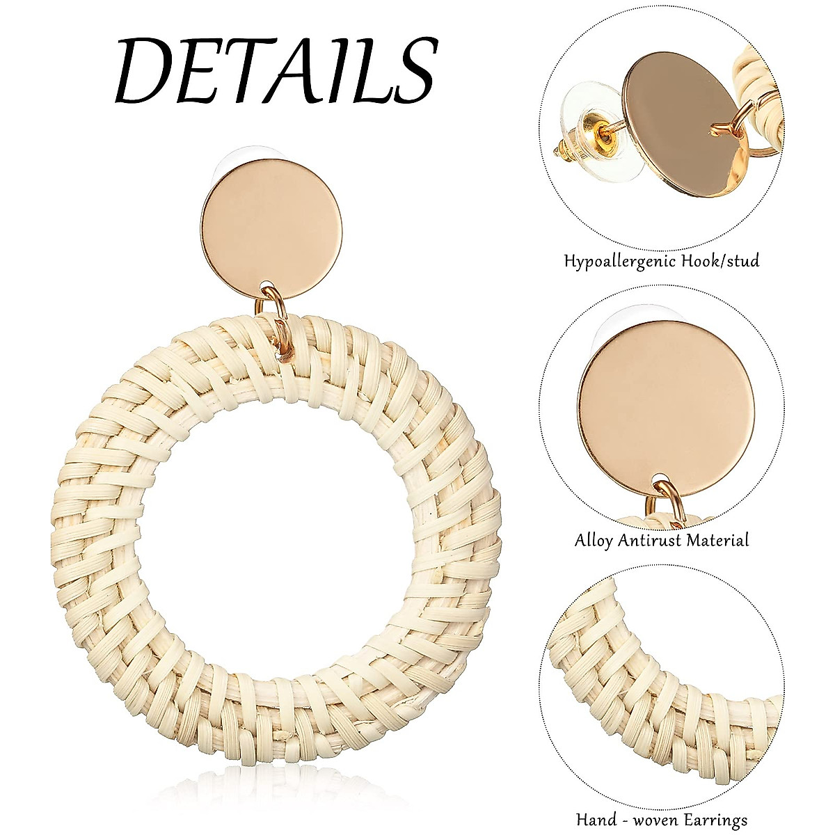 Hicarer 6 Pair Rattan Earrings Summer Straw Earrings for Women Tassel Woven Bohemian Earring Wicker Braid Hoop Drop Earring for Girls(Charming Series)