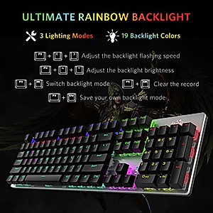 Fiodio Mechanical Gaming Keyboard, Fantastic LED Rainbow Backlit Wired Keyboard, Full Anti-Ghosting Keys, with Quick-Response Blue Switches and Multimedia Control for PC and Desktop Computer