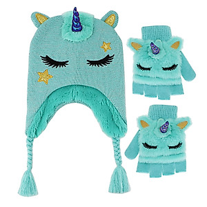 Kids Girls Cute Glitter Unicorn Beanie Winter Hat and Glove Set Knitted Earflap Cap Flip Top Mitten Set Blue