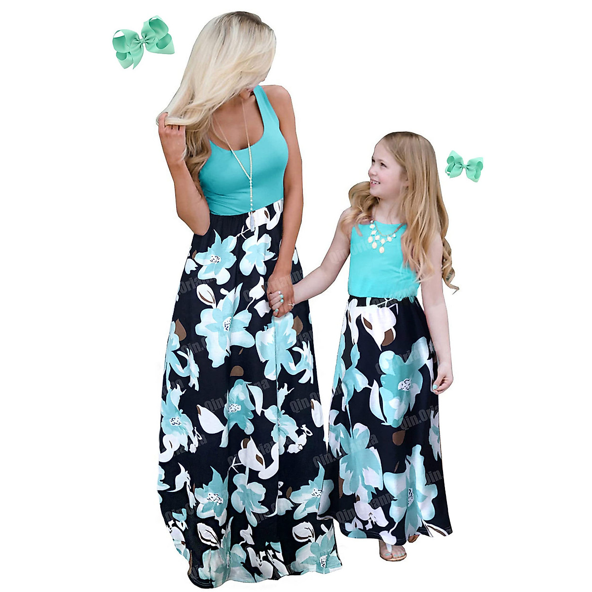 Qin.Orianna Mommy and Me Boho Floral Family Matching Maxi Dress with Pocket for Mother’s Day Green