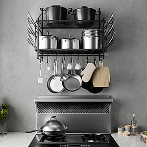 HOYRR Hanging Pot Rack Wall Mounted,30 Inch Wall Hanging Pot Rack,Pot Hangers for Kitchen Wall Mount,Pot And Pan Hanger Side Piece with 2 Pieces Pans Lids Organizer,Wall Pot Rack Hanging Rod+16 Hooks