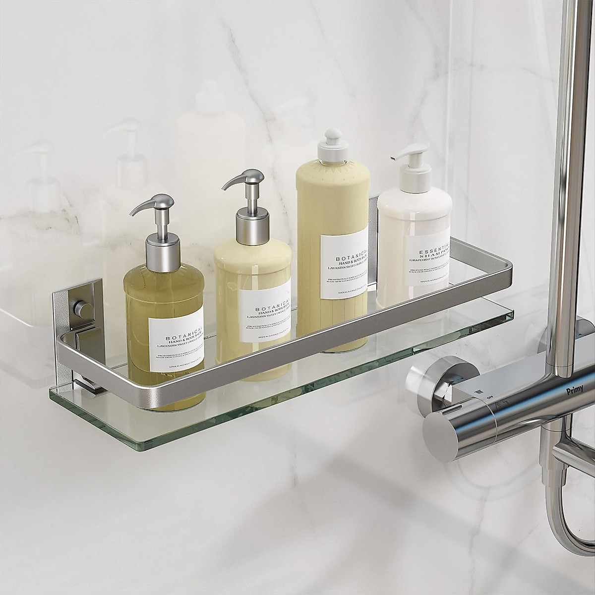 Danpoo Clear Tempered Glass Wall Shelf, Wall-Mounted Organizer for Bathroom, Kitchen(Matte Silver)