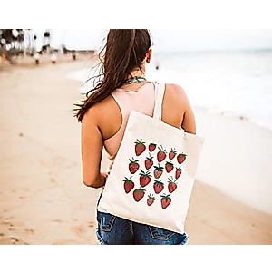 GXVUIS Strawberry Canvas Tote Bag for Women Aesthetic Reusable Grocery Shoulder Bags for Shopping Travel Gift for Girls White