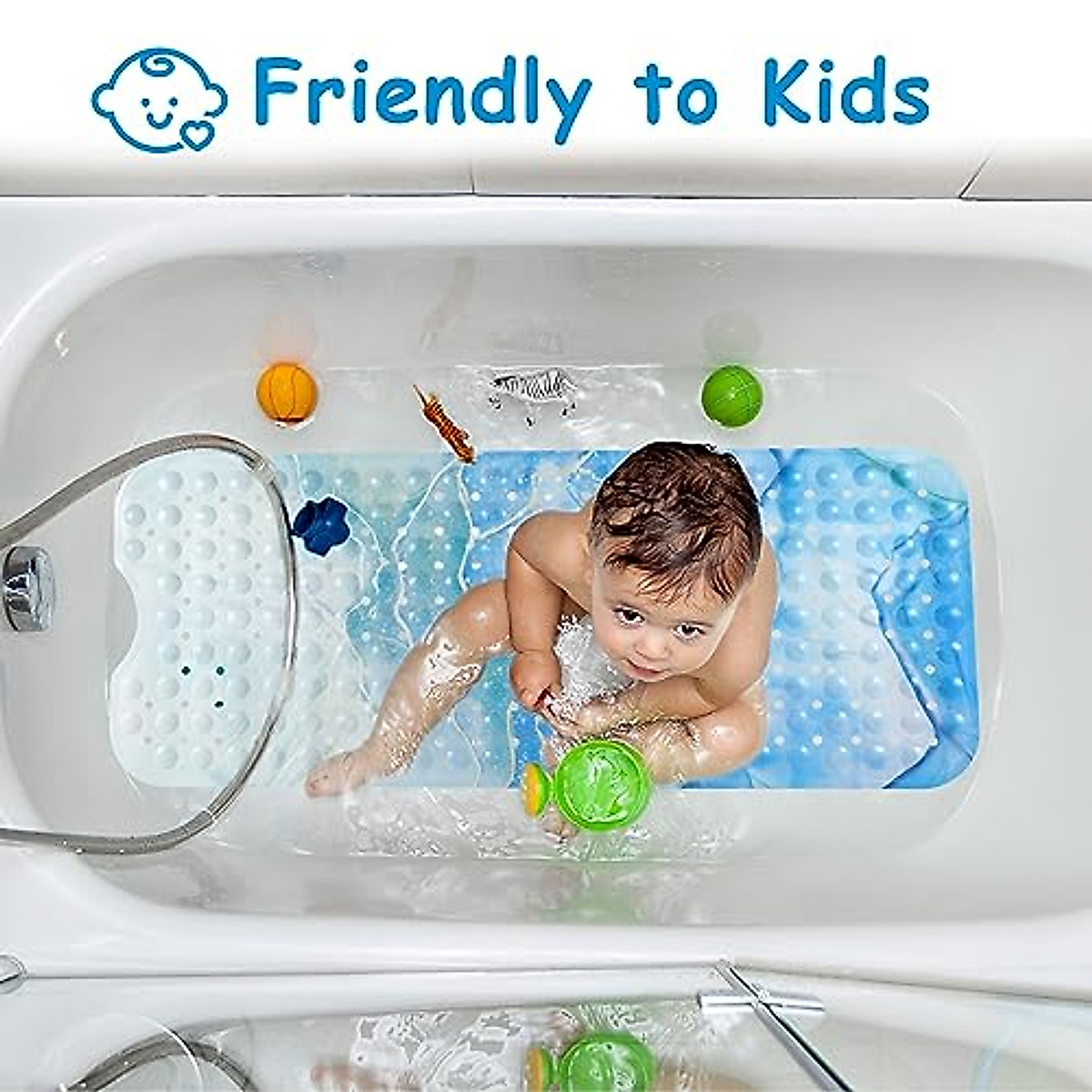 Topotdor Abstract Bathtub Mat Non Slip for Shower Tub, 40 X 16 Inch Extra Long Bath Mat for Adults & Kids, Blue Marble Shower Floor Mat with Suction Cups & Drain Holes, Machine Washable