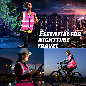 EBOOT 10 Pcs Safety Vests High Visibility Safety Vest with Reflective Strips, Neon Vest Construction Vest with Pockets (Pink)