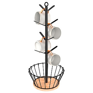 simesove Drying Storage Rack Holder Home Storage Mug Hooks Multipurpose Display Stand Metal Tree Shape Mug Coffee Cups Stand with 8 Hooks-Bamboo Base with Coffee Basket
