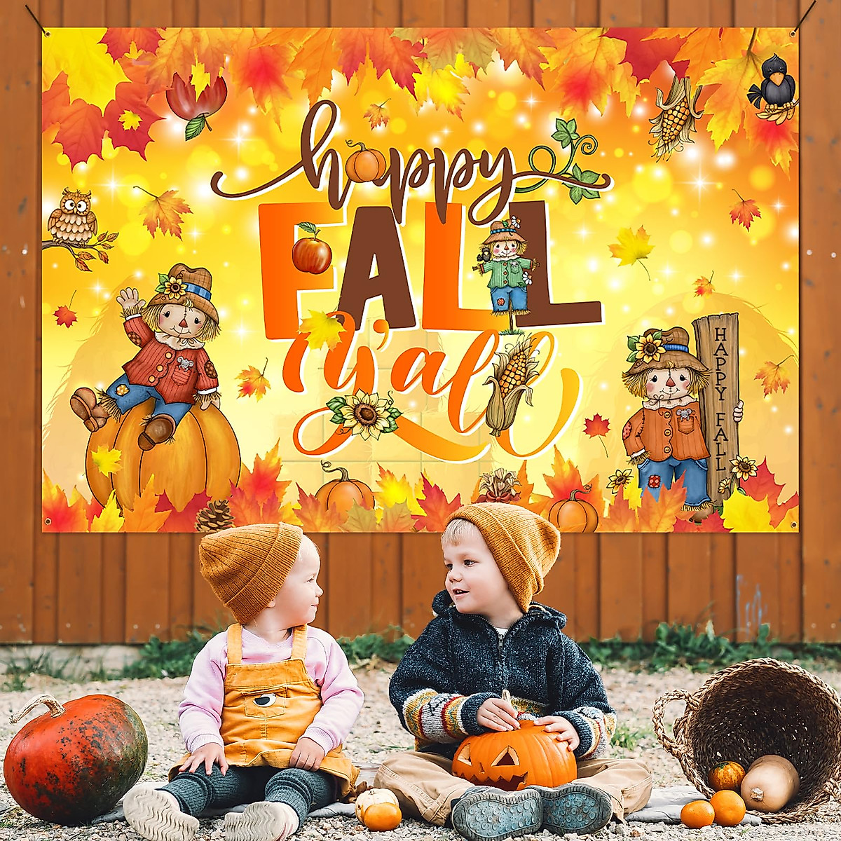 Happy Fall Y'all Backdrop-Scarecrow Party Decorations Thanksgiving Maple Leaves Pumpkin Banner Photo Background for Autumn Decor