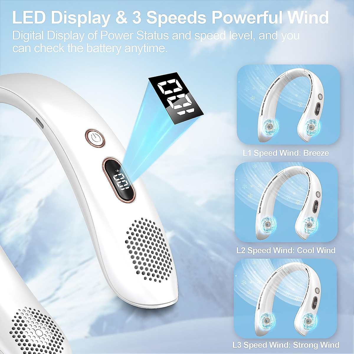 VEKK Neck Fan, Portable Bladeless Fan, 6000mAh Battery USB Rechargeable, LED Display, 360° Cooling Wearable Personal Fan, 3 Speeds, Quiet, Hands Free Neck Fans for Travel, Outdoor, Camping