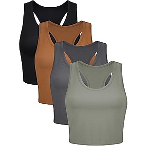4 Pieces Women Basic Tank Top Cotton Racerback Sleeveless Athletic Crop Cotton Top (Black, Dark Gray, Green, Brown, X-Large)