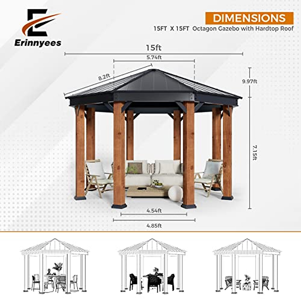 Erinnyees 15' x 15' Gazebo, Hardtop Gazebo Wood-Looking Octagon Gazebo with Galvanized Steel Double Roof, Aluminum Frame, Outdoor Patio Gazebo for Deck, Backyard, Patio, Lawns