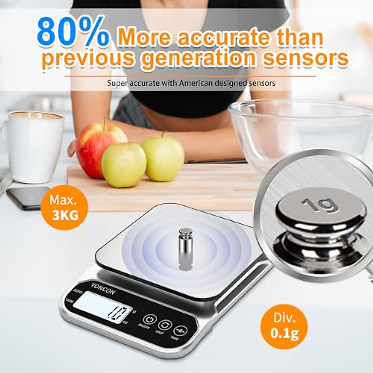 YONCON Smart Food Scale Digital Weight Grams and Oz, 3kg/0.1g Kitchen Scale for Weight Loss, Cooking, Baking, Super Accurate, Easy to Clean and Store, Tare Function (Batteries Included)