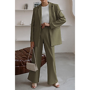 PRETTYGARDEN Women's 2024 Fall Two Piece Outfits Blazer Jacket and Wide Leg Pants Pockets Business Casual Suit Sets (Army Green,Large)