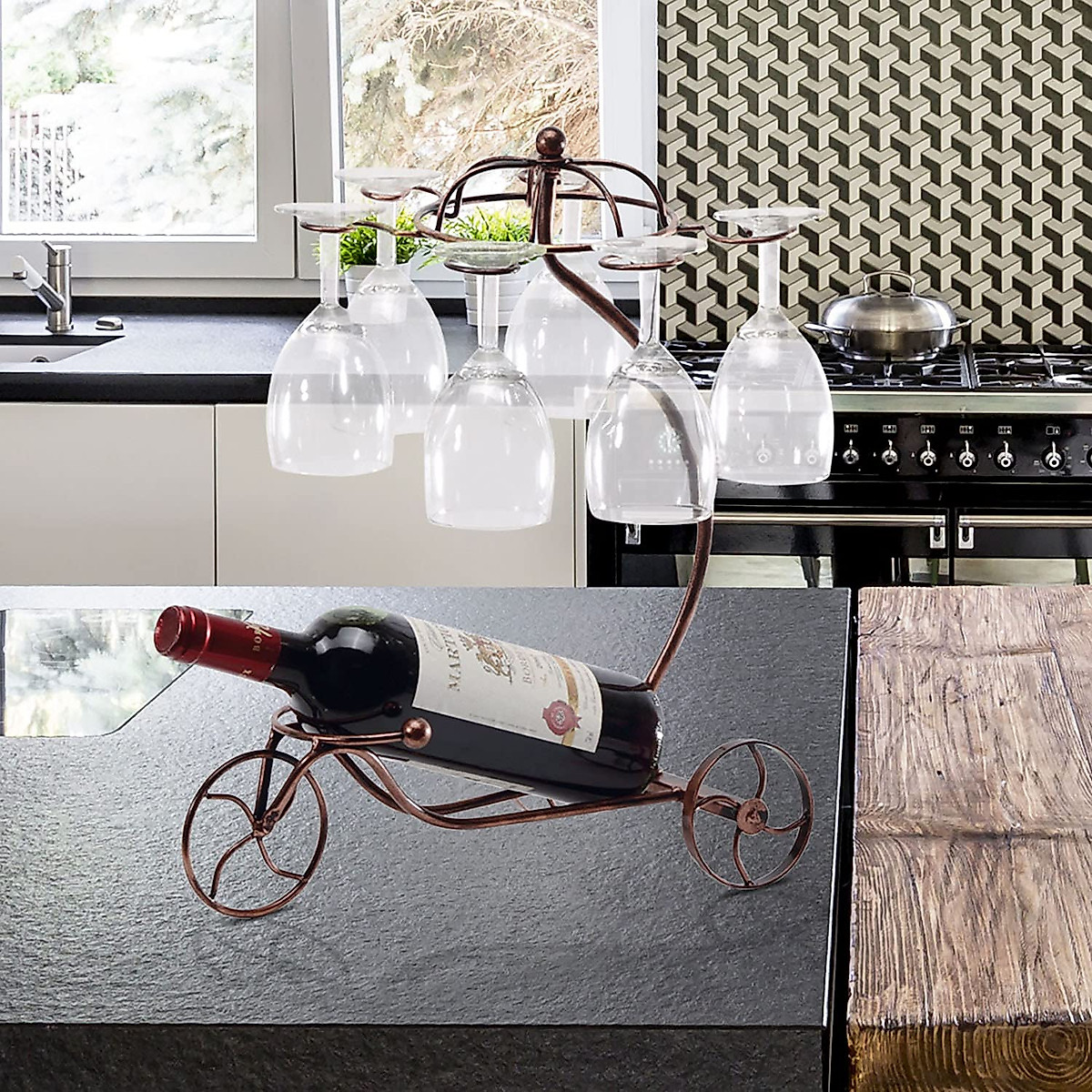 MyGift Vintage Bronze Metal Tabletop Wine Bottle Holder and Wine Glass Rack with Perisian Tricycle Design, Holds Single Bottle and 6 Stemware