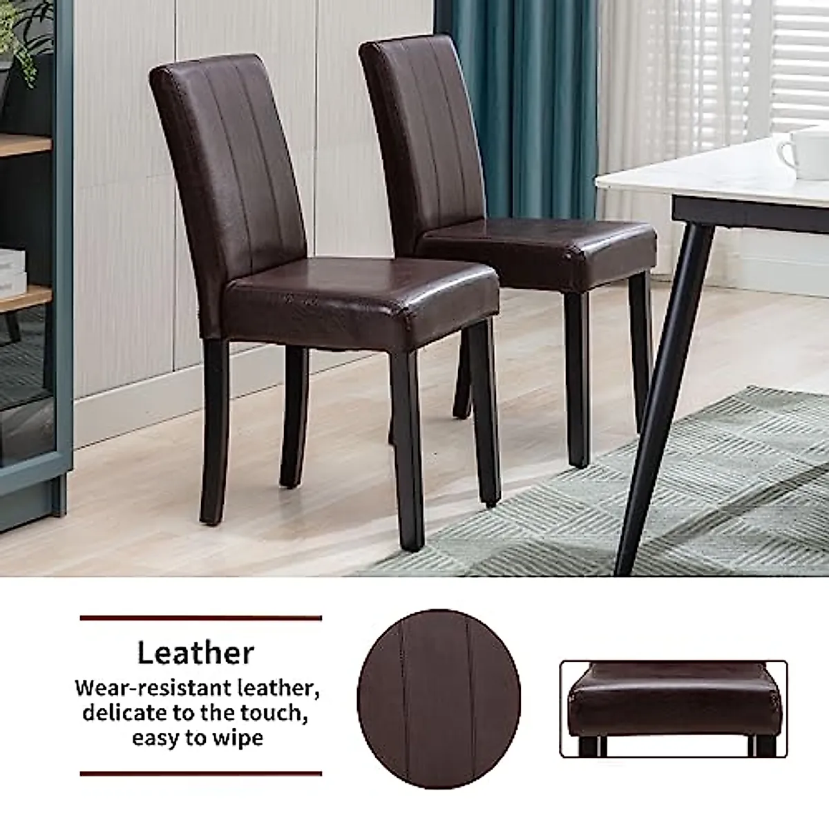 CRECQ Upholstered Dining Chairs Set of 2 PU Leather Living Room & Dining Room Chairs,Modern Kitchen Armless Side Parsons Chair with Solid Wood Legs,Brown