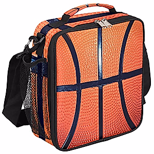 Basketball Lunch Box for Kids, Texture Ball Sport Insulated Lunch Bag for Boys Girls, Reusable Waterproof Lunch Box with Adjustable Shoulder Strap Cooler Tote Bag for School, Work, Picnic