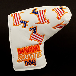 US Flag Dancing Scottie Dog Headcover for Blade and Midsize Mallet Putter, White, Golf Head Cover