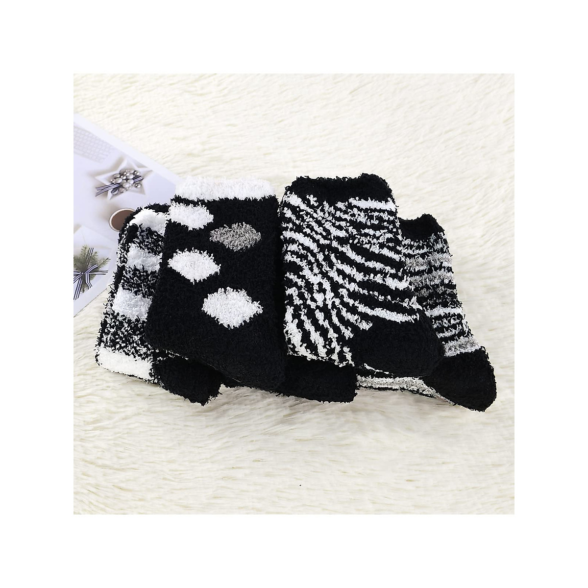 Cosy Encounter Womens Fuzzy Slipper Socks Winter Warm Anti Slip Socks Comfy Thick Thermal Socks Casual Home 5 Pairs White Black One Size, WDCEBS4072SXG5PSN