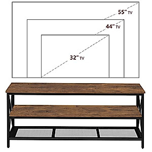 WEENFON Wood TV Stand for 55 Inch TV, 47 Inch Metal TV Table with Adjustable Leg, Unique Rustic Storage Shelve for Living Room, 3-Tiers TV Console for Bedroom, Rustic Brown