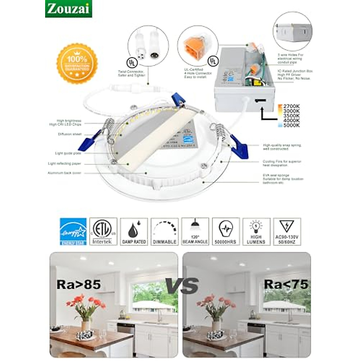 zouzai 24 Pack 4 Inch Ultra-Thin LED Recessed Ceiling Light with Junction Box 5CCT Adjustable Dimmable Can-Killer Downlight - ETL and Energy Star Certified (24 Pack 5CCT White, 4 Inch)