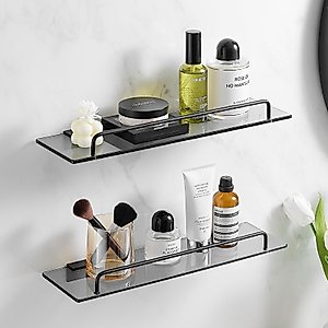 Voldra 2 Pack Bathroom Glass Shelf 15.7In Bathroom Shelves Wall Mounted Tempered Glass Shelf with Rail Floating Shelves Bathroom(Black)