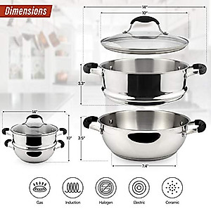 AVACRAFT 18/10, 3 Piece Stainless Steel Steamer Cooking Pot Set, Steamer for Cooking, Steamer Pan Set with Glass Lid, Momo Maker, Induction Steamer Pot