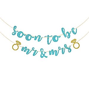 Halodete Soon to Be Mr & Mrs Banner, Engaged Banner, Bridal Shower, Wedding Party Garland Bunting Decorations - Sky Blue Glitter