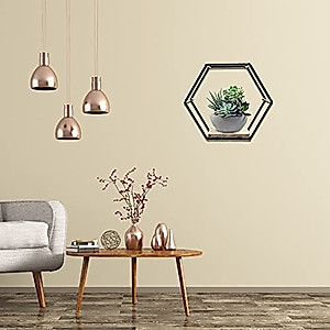 YARDWE Home Décor Wall Mounted Shelves Metal Iron Wire Hexagon Design with Wooden Base Display Racks Floating Shelves for Home Office Decoration Black Ornament Holders