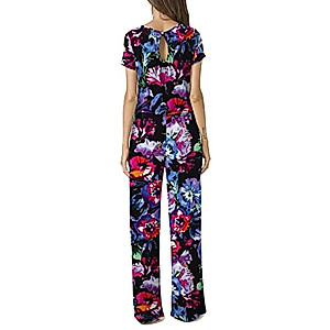LAINAB Womens Casual Floral Short Sleeve Drawstring Waist Jumpsuits Slateblue M