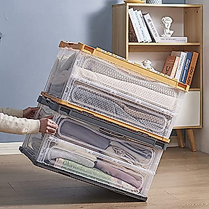 Folding and Stackable Bin with Lid | Storage Container | Storage Organizer | Storage Totes | Trunk Organizer, 80 Liter, Set of 2, Clear & Gray