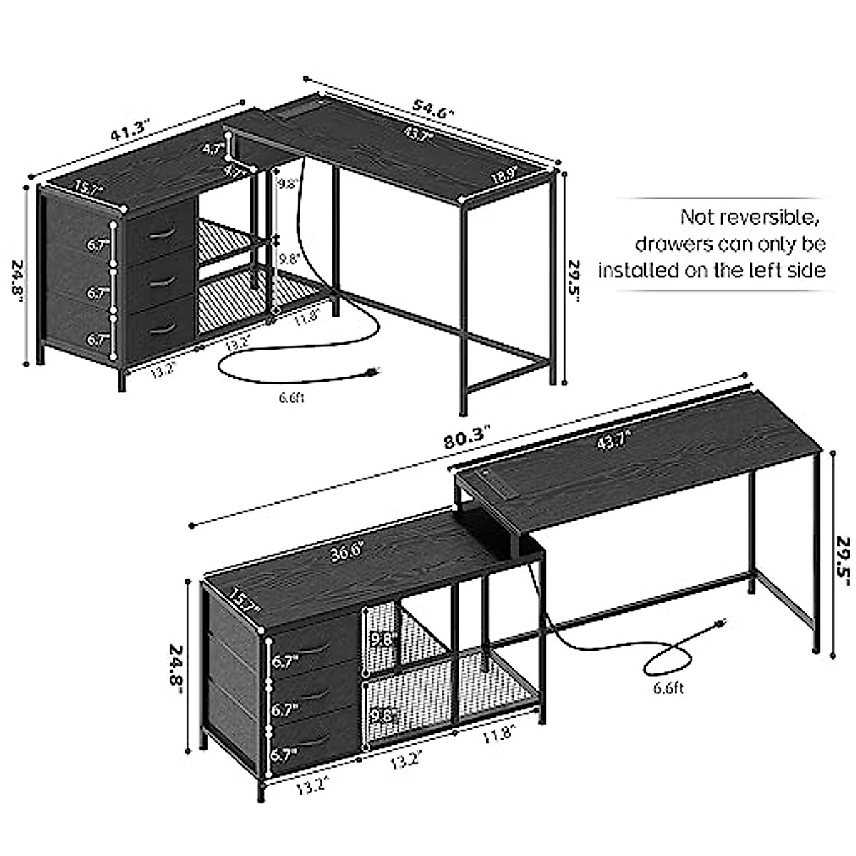 SUPERJARE L Shaped Desk with Drawers & Shelves and Nightstands Set of 2 with Charging Station & LED Light Strips, Black