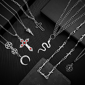 Janmercy 15 Pcs Gothic Grunge Necklace Set Goth Punk Rock Vintage Y2k Harajuku Silver Chain Choker Necklace Jewelry Costume Accessories for Women Teen Girls