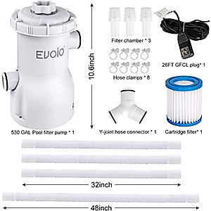 Evoio Pool Filter Pump Above Ground, Swimming Pool Filter Cartridge Pump, Electric Pool Water Pump Filter for Pools Sand Cleaning Tool Set,110-120V with GFCI, 1 Pole Filter (530 Gallons)