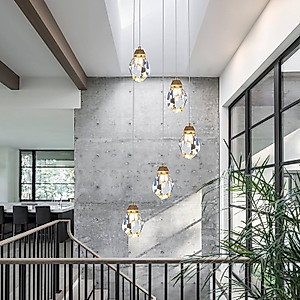 KOKAiZeeKi Dimmable Brass Gold Crystal Pendant Light - Modern 5-Light Diamond Chandelier for Kitchen Island, Dining Room, Hallway, and Bathroom