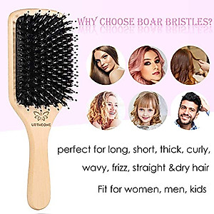Boar Bristle Hair Brush and Comb Set for Women Men Kids, Best Natural Wooden Paddle Hairbrush and Small Travel Styling Brush for Wet or Dry Hair Detangling Smoothing Massaging