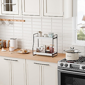 Messmenos Bathroom Organizer Countertop, 2 Tier Solid Wood Vanity Counter Storage Tray, Wooden Stand Organization Shelf for Kitchen&Coffee Bar, Storage Rack for Makeup Perfume Skincare (White)