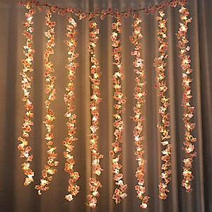 Cherry Blossom String Lights Artificial Flowers Outdoor Hanging Silk Flowers Garland for Wedding Party Home Bedroom Decor Pink Room Decor Aesthetic