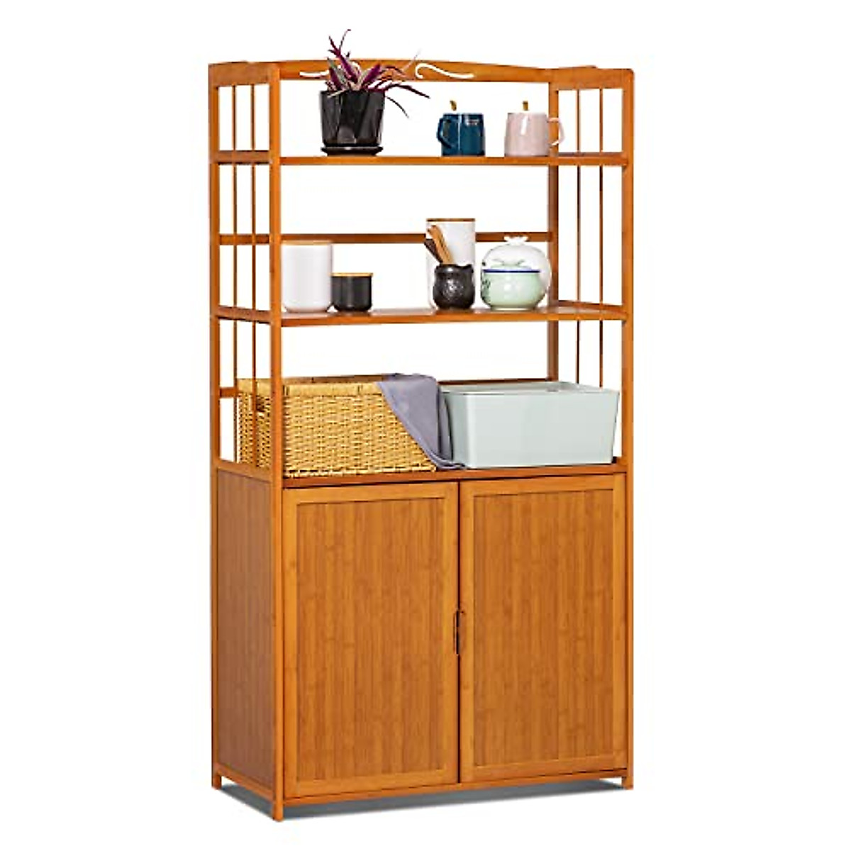 MoNiBloom Bamboo Kitchen Storage Cabinet 5 Tier Freestanding Sideboard with 3 Open Shelves and Doors, Floor Cabinet, Display Unit for Home, Natural