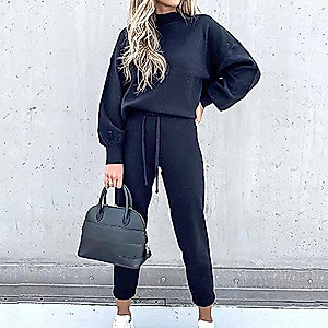 YUTANRAL Crewneck Sweatshirt Sweatpants Womens 2 Piece Suits,Fall Winter Casual Loose Trendy Solid Long Sleeve Shirt Plus Size Tops Drawstring Jogging Pants Thanksgiving OutfitsA Dark Blue(Medium,)