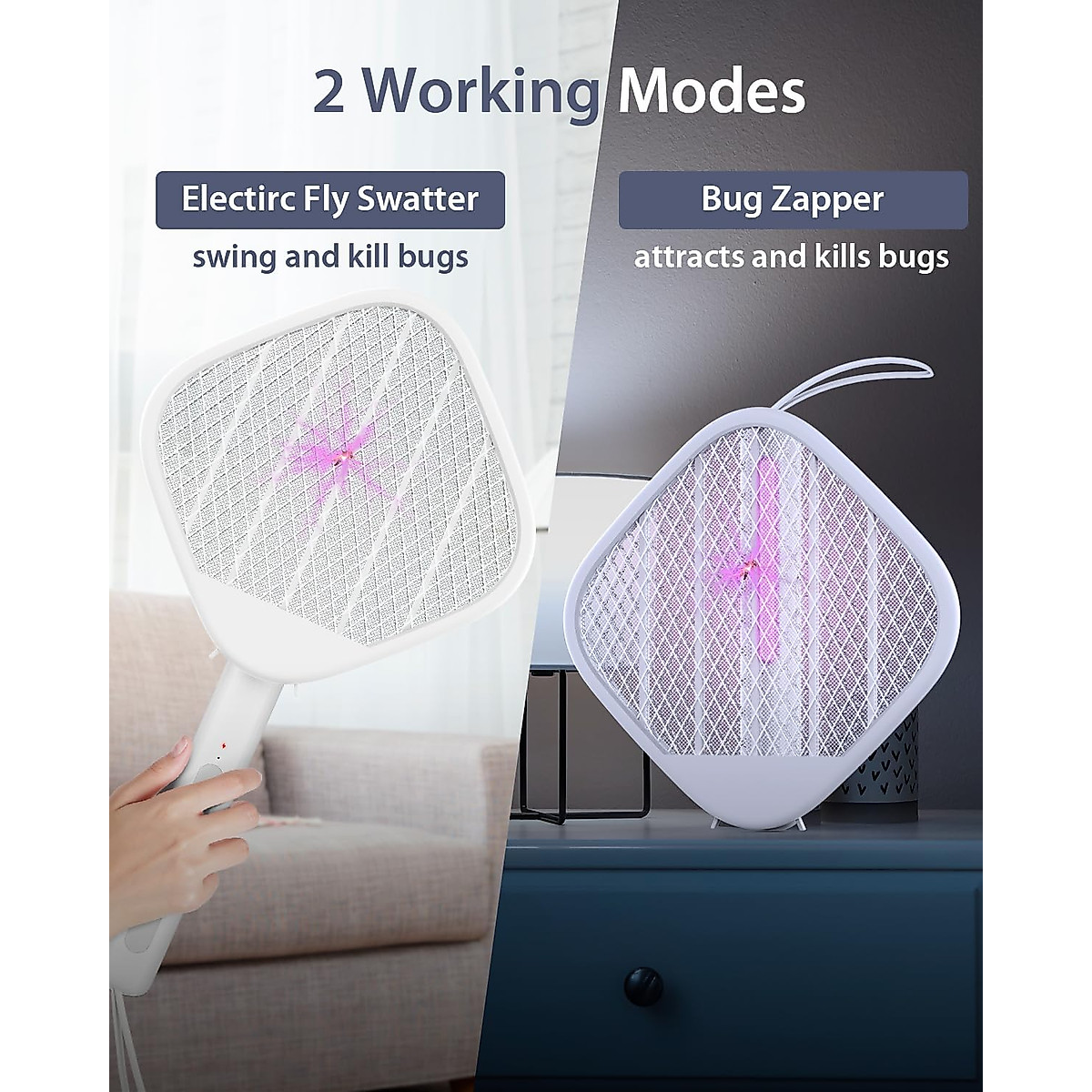 Electric Fly Swatter Racket Fly Zapper - Powerful 4000V Mosquito Zapper Racket & Night Bug Zapper 2 Modes, Foldable Hanging Standing Handheld Rechargeable Fly Killer, 3-Layer Safe for Humans Pets