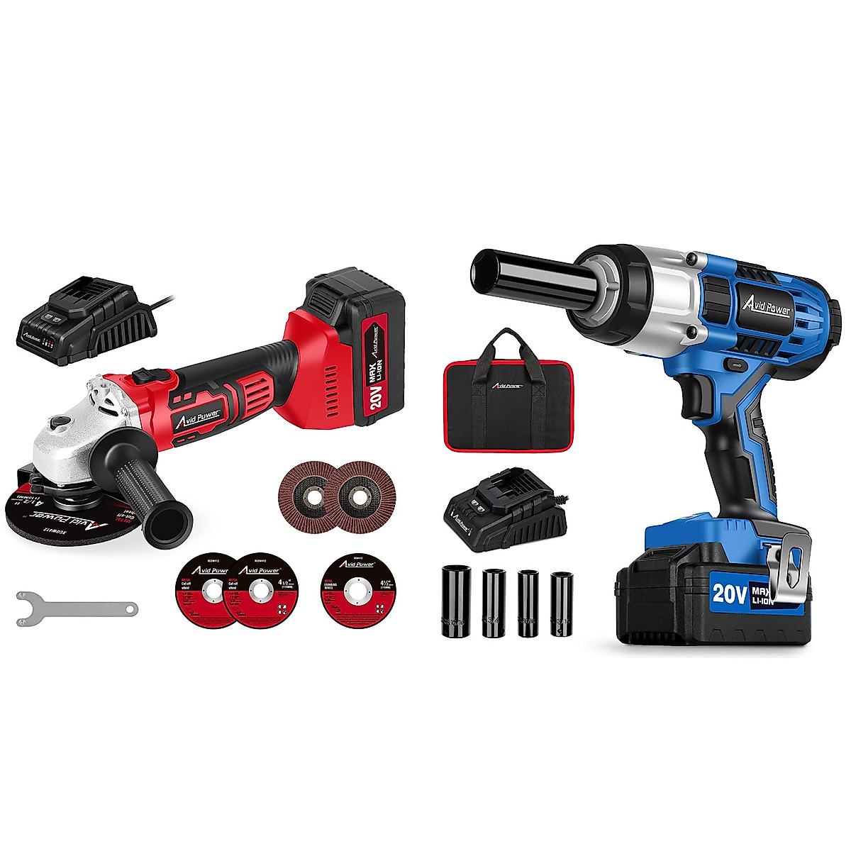 AVID POWER 20V Cordless Angle Grinder w/4.0A Battery & Fast Charger Bundle with 20V Cordless Impact Wrench w/Max Torque 330 ft lbs (450N.m)
