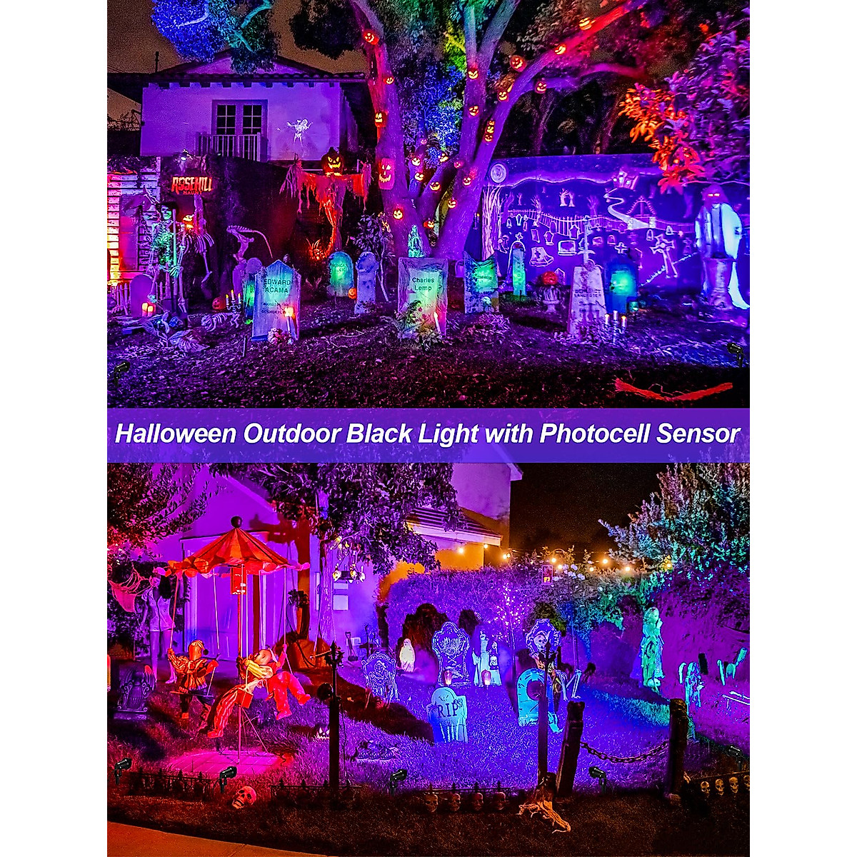 DOREIO Halloween 120V Blacklight Spotlight 15W Outdoor LED Landscape Lighting Dusk to Dawn Photocell Light Sensor with US Plug for Glow Dance Party, Body Paint, Fluorescent Poster, Neon Glow(1 Pack)