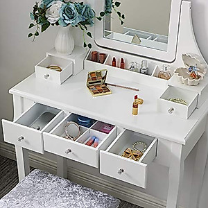 BEWISHOME Vanity Set with Mirror & Cushioned Stool Dressing Table Vanity Makeup Table 5 Drawers 2 Dividers Movable Organizers White FST01W